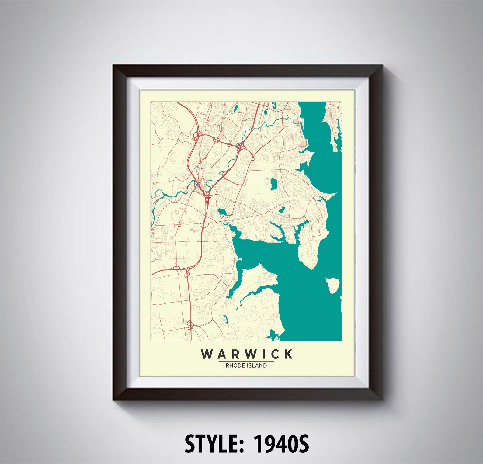 Map of Warwick, RI Warwick Map Warwick Poster Office Décor Wall Art ...