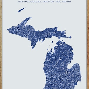 Michigan Hydrological Map of Rivers and Lakes, Michigan Rivers Poster ...