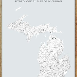 Michigan Hydrological Map of Rivers and Lakes, Michigan Rivers Poster ...