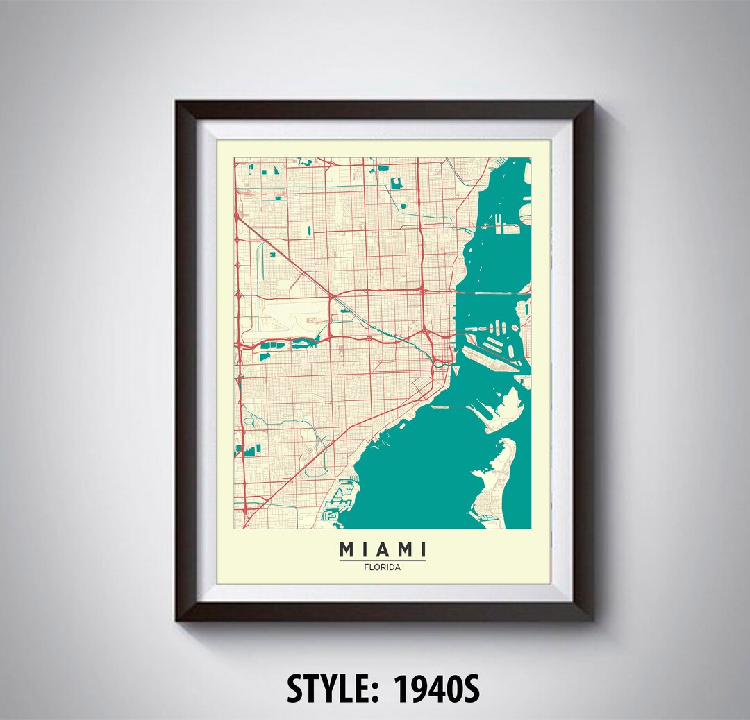 Map of Miami, FL - Miami Map - Miami Poster - Office Décor - Wall Art ...