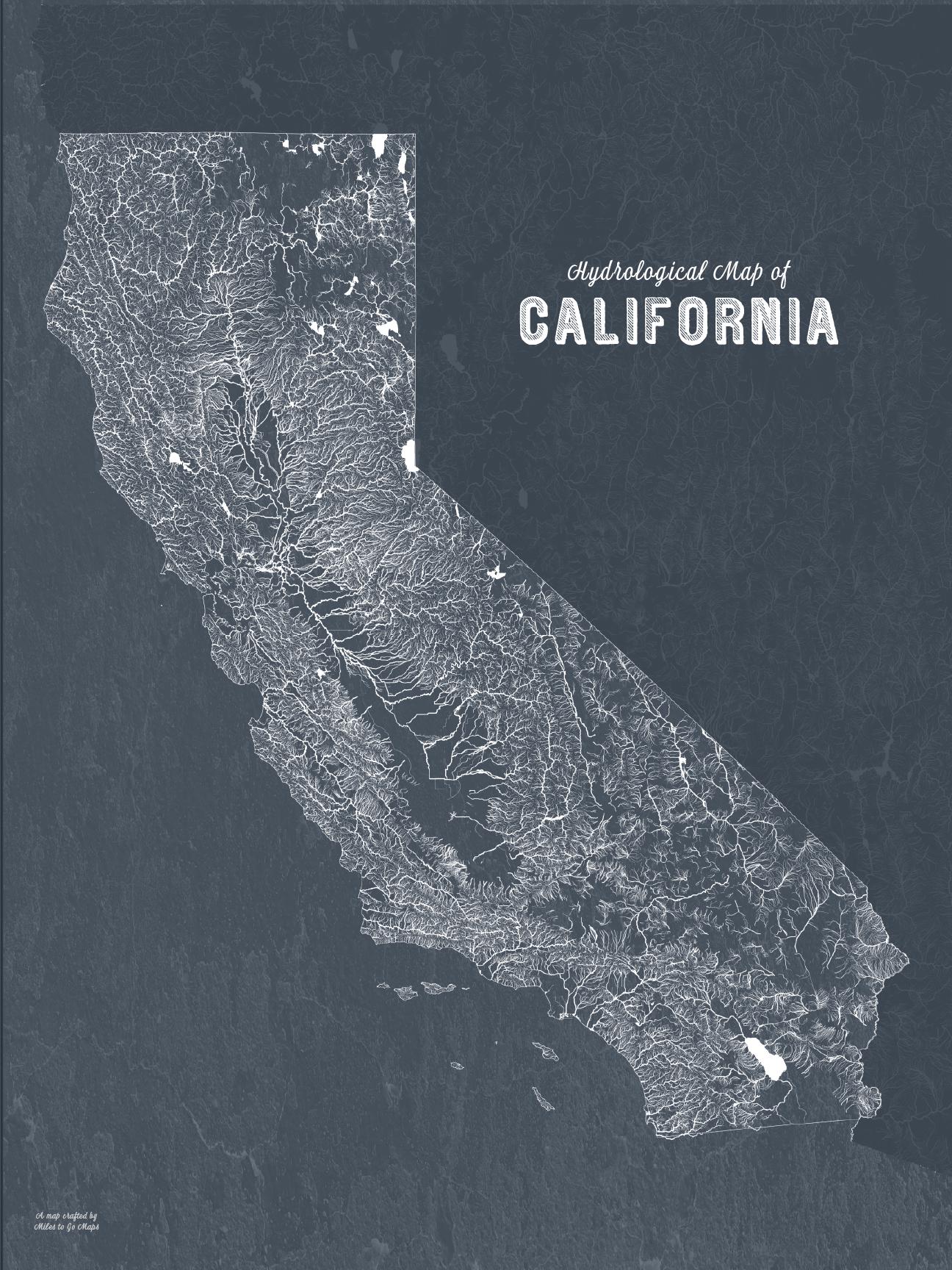 California Rivers and Lakes Map: Hydrological Poster - Etsy
