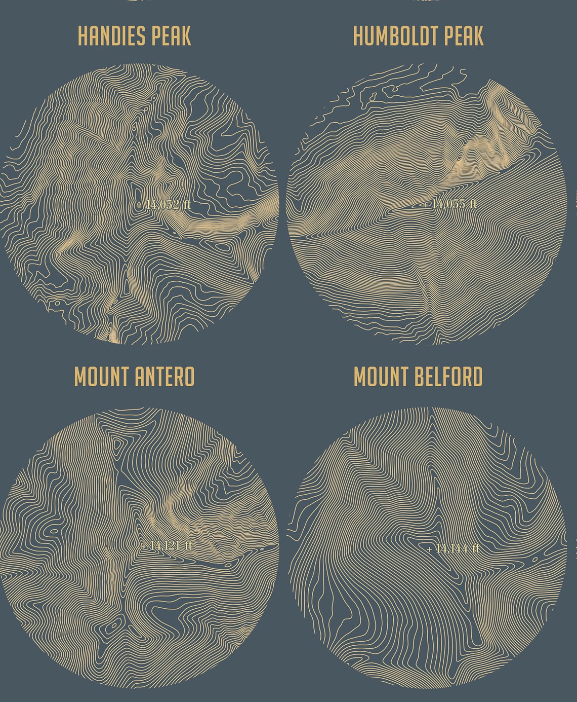 Colorado 14er Map Print in elevation contours 50 peaks | Etsy
