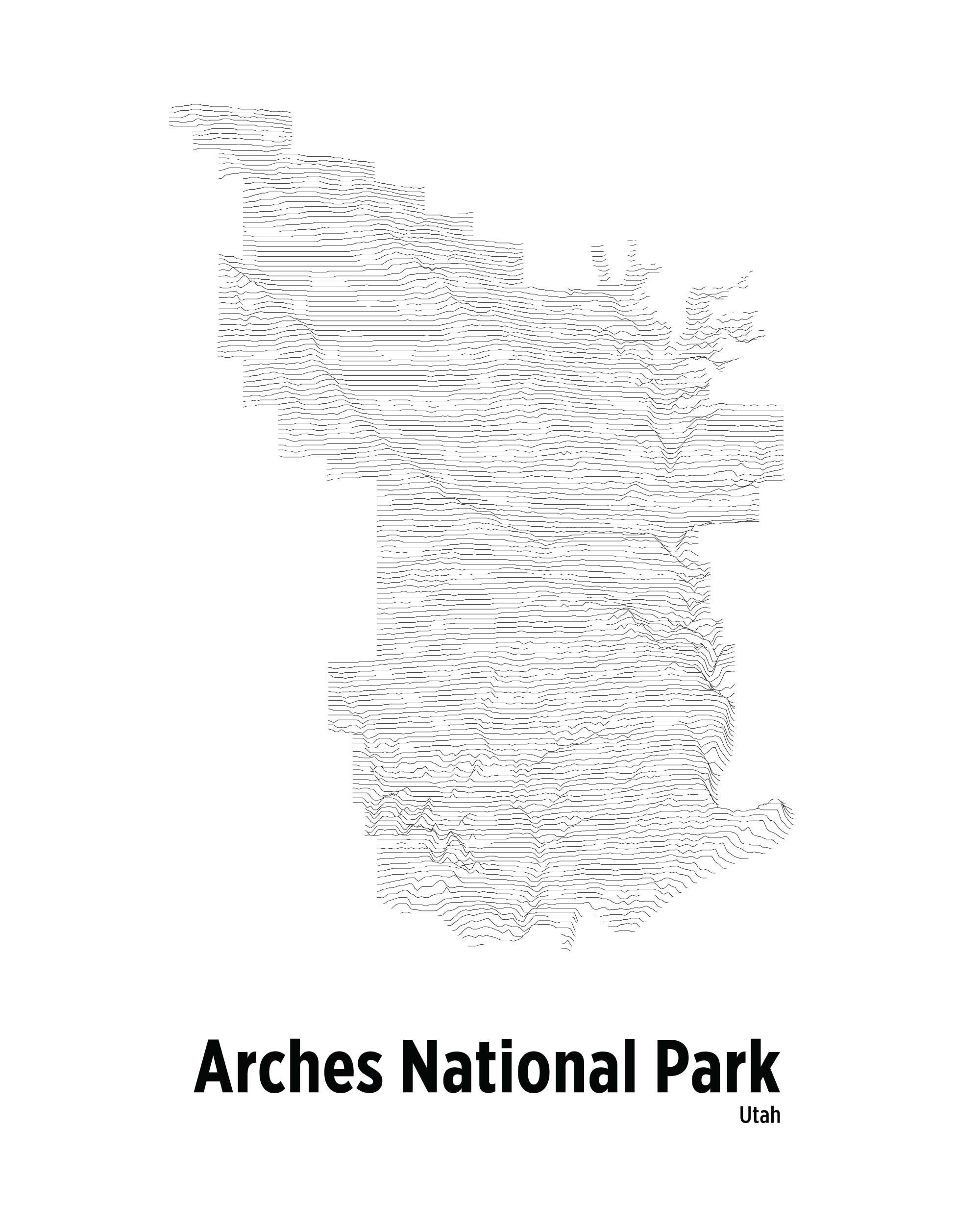 Arches National Park Ridgeline Map - Geographic Contours Print of ...