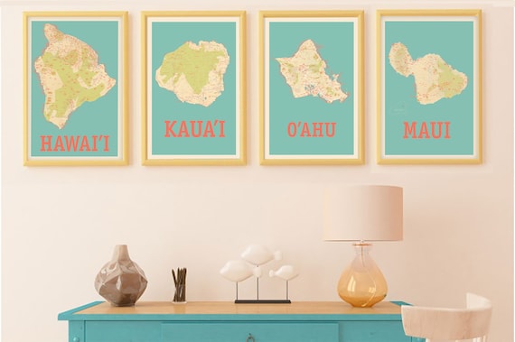 Hawaii 4 Island Map Set: Big Island Hawaii Oahu Maui Kauai | Etsy