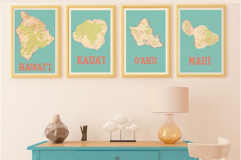 Hawaii 4 Island Map Set: Big Island Hawaii Oahu Maui Kauai | Etsy