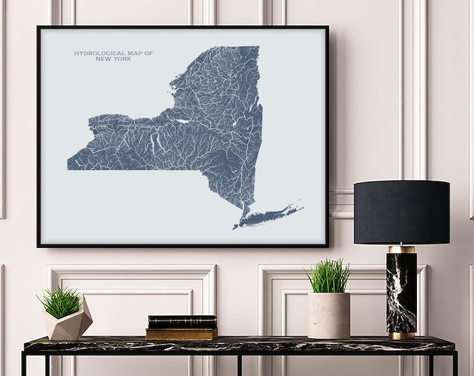 New York Hydrological Map of Rivers and Lakes, New York Rivers Poster ...