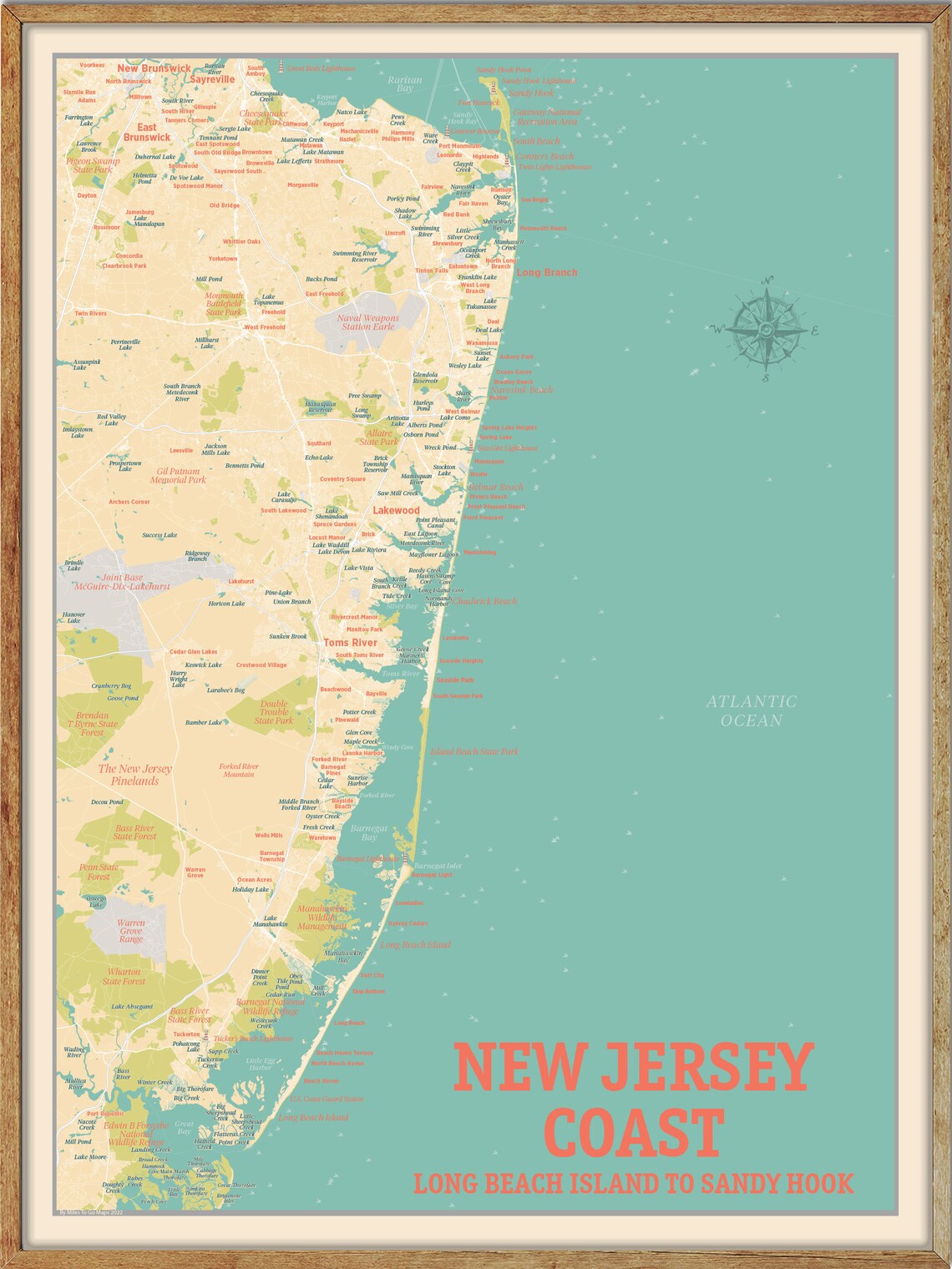 New Jersey Coast Map North NJ Shore Print Coast Beach Map - Etsy