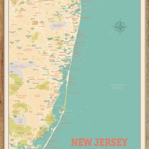 New Jersey Coast Map Print – Long Beach Island to Sandy Hook Retro ...