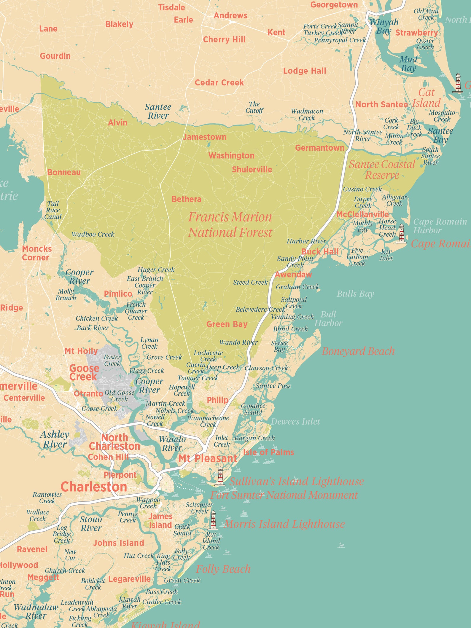 South Carolina Coast Map Print: Retro Beach Poster - Etsy
