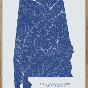 Alabama Hydrological Map of Rivers and Lakes, Alabama Rivers Poster Map ...
