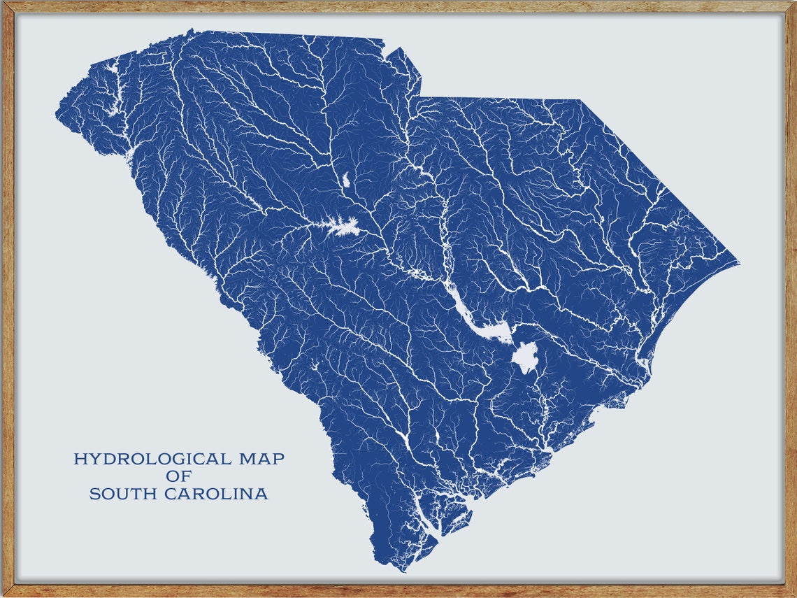 South Carolina Hydrological Map of Rivers and Lakes South | Etsy