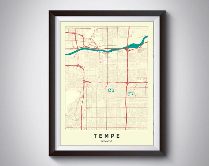Map of Tempe, AZ - Tempe Map - Tempe Poster - Office Décor - Wall Art ...