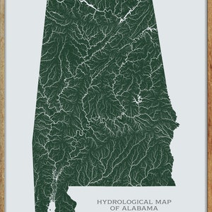 Alabama Hydrological Map of Rivers and Lakes, Alabama Rivers Poster Map ...