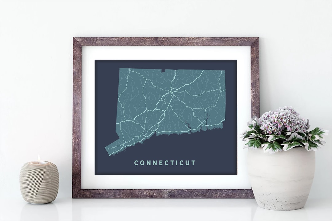 Connecticut State Map Print: Rivers, Lakes, Motorways - Framed Giclée ...