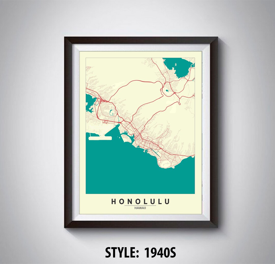 Map of Honolulu, HI - Honolulu Map - Honolulu Poster - Office Décor ...