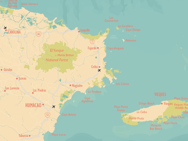 Puerto Rico Map Print Classic Retro Puerto Rico Map - Etsy