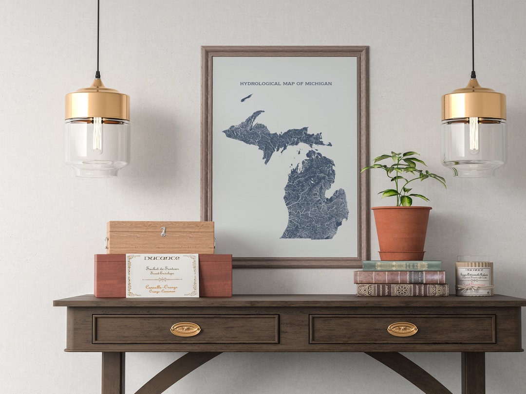 Michigan Rivers and Lakes Map: Hydrological Poster Print - Etsy