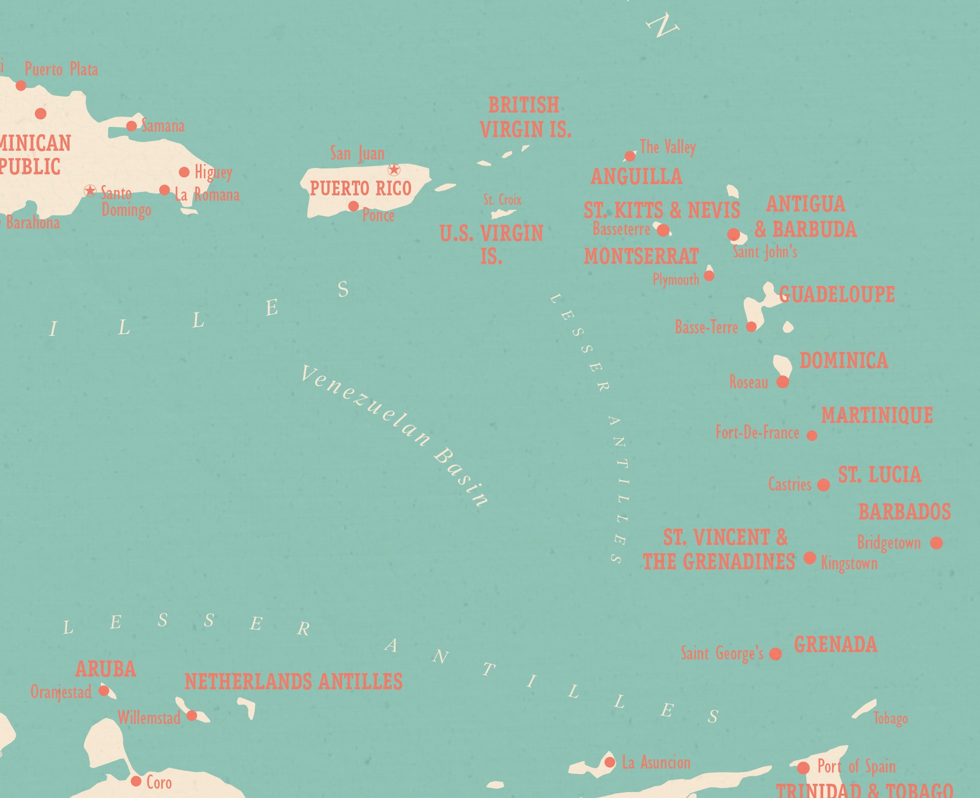 Caribbean Map Print Island and Countries of the Caribbean | Etsy