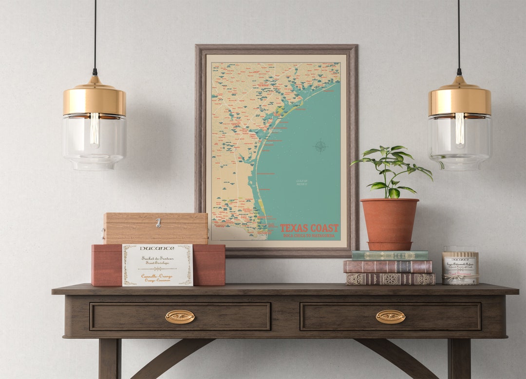 Texas Coast Map - Coastal Texas Map Print - Beach Map - Poster Retro ...