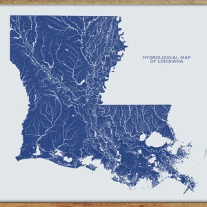 Louisiana Hydrological Map of Rivers and Lakes, Louisiana Rivers Poster ...