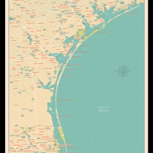 Texas Coast Map - Coastal Texas Map Print - Beach Map - Poster Retro ...