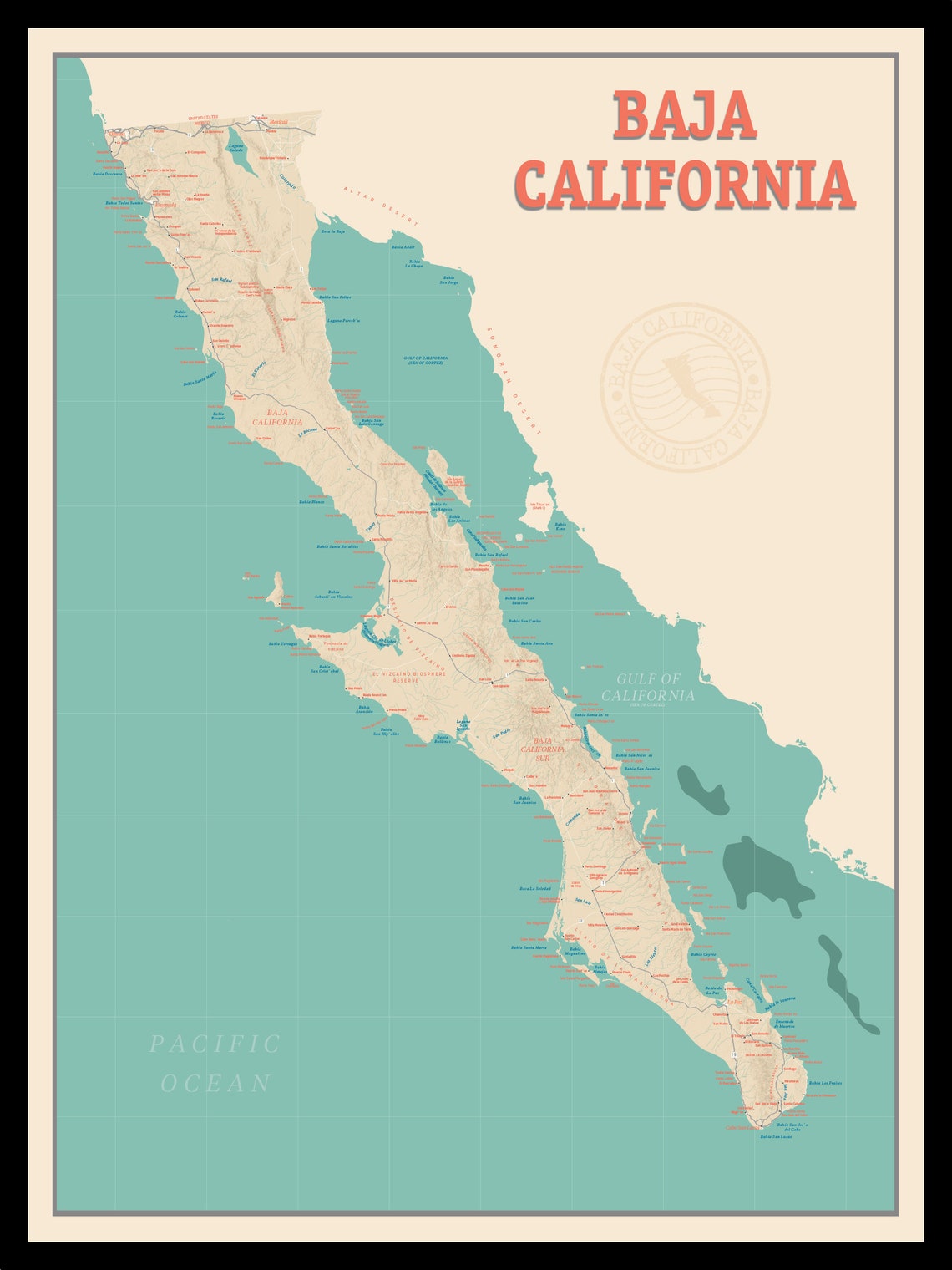 Baja California Map Baja Map Print Baja Mexico Poster - Etsy