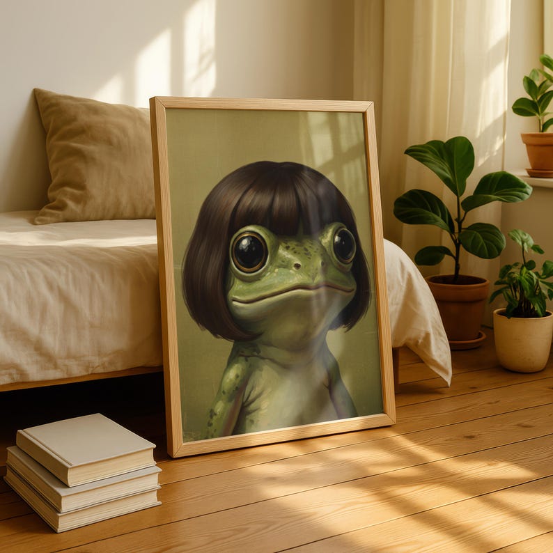 Frog With Bob Haircut Meme Wall Art, Whimsical Frog Portrait Digital ...