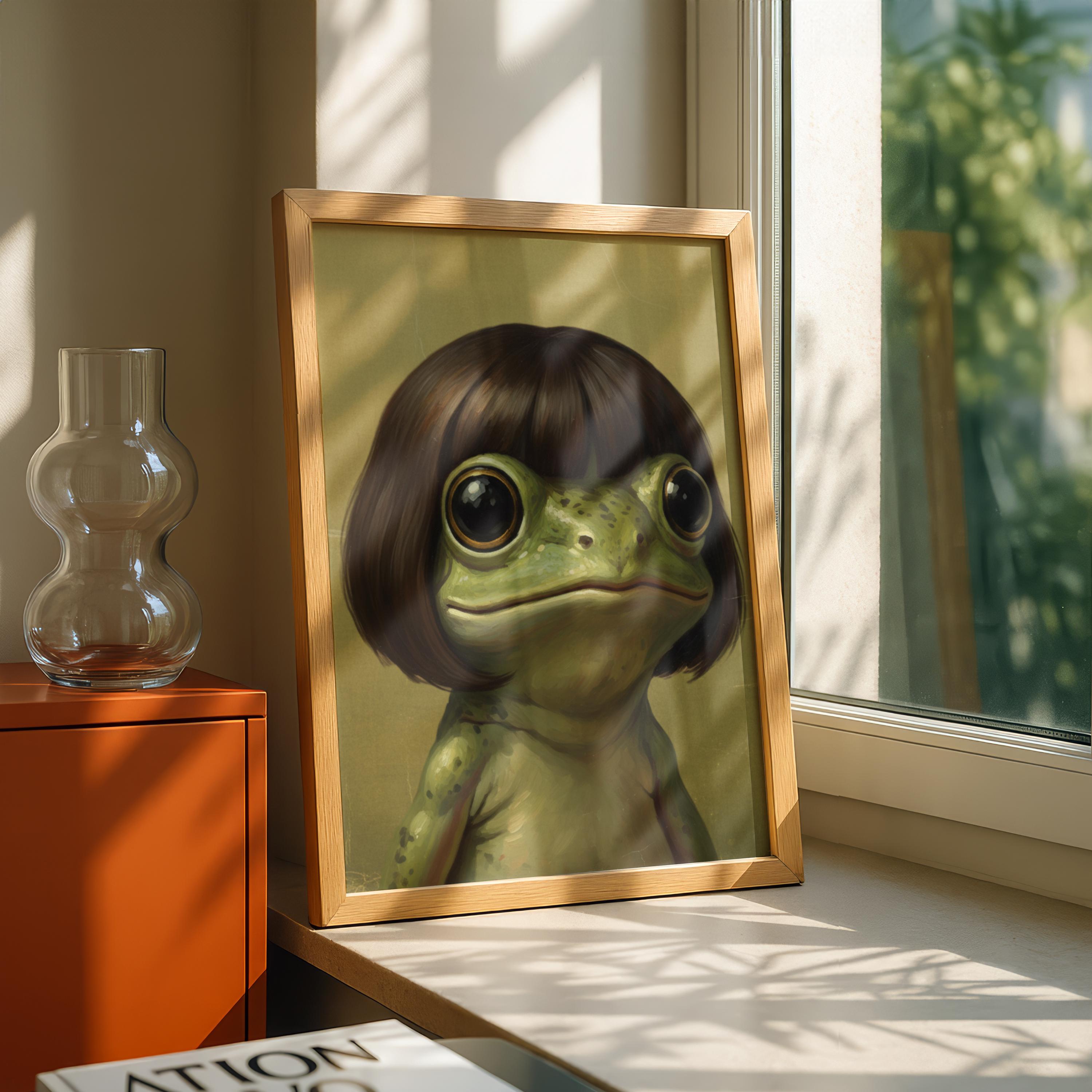 Frog With Bob Haircut Meme Wall Art, Whimsical Frog Portrait Digital ...