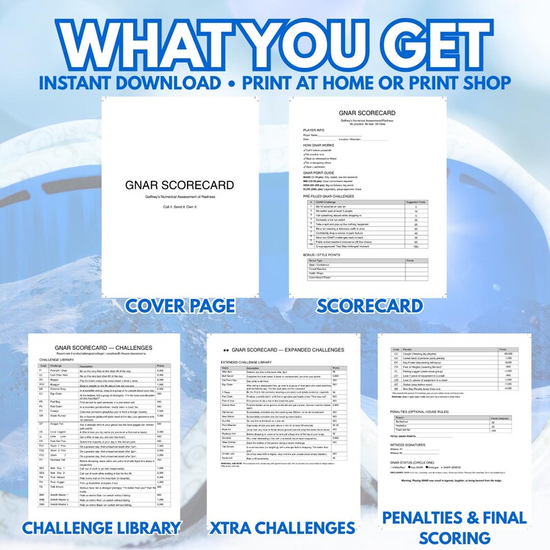 GNAR Scorecard Printable, Ski Game Score Sheet, Winter Sports Challenge ...