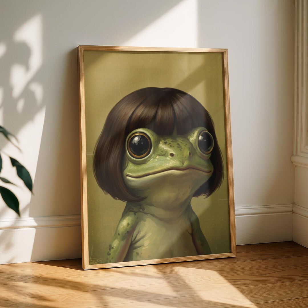 Frog With Bob Haircut Meme Wall Art, Whimsical Frog Portrait Digital ...