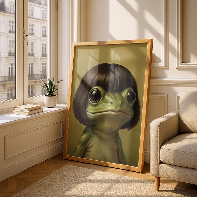 Frog With Bob Haircut Meme Wall Art, Whimsical Frog Portrait Digital ...