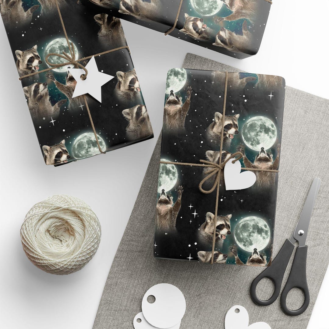 Weirdcore Raccoon Moon Wrapping Paper, Funny Raccoon Gift Wrap, Raccoon ...