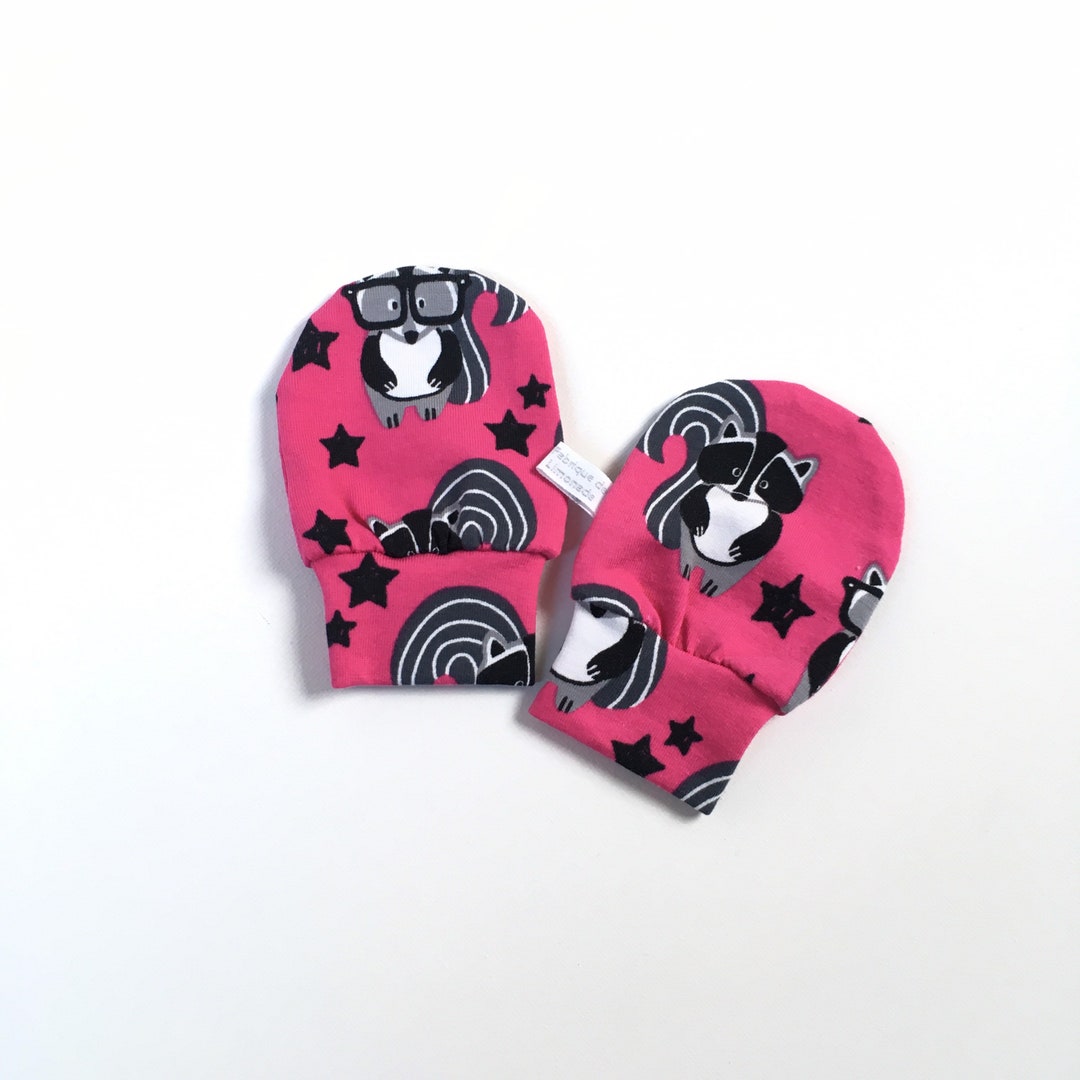 Pink Baby Mittens With Raccoons, Baby Scratch Mitts. Jersey Cotton Knit ...