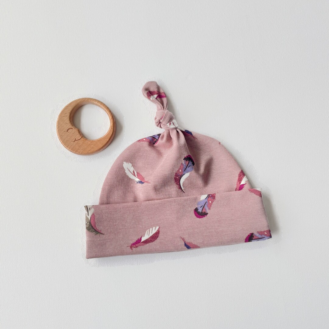 Pink Hat With Feathers. Baby Knotted Hat, Knot Hat, Knotted Hat - Etsy