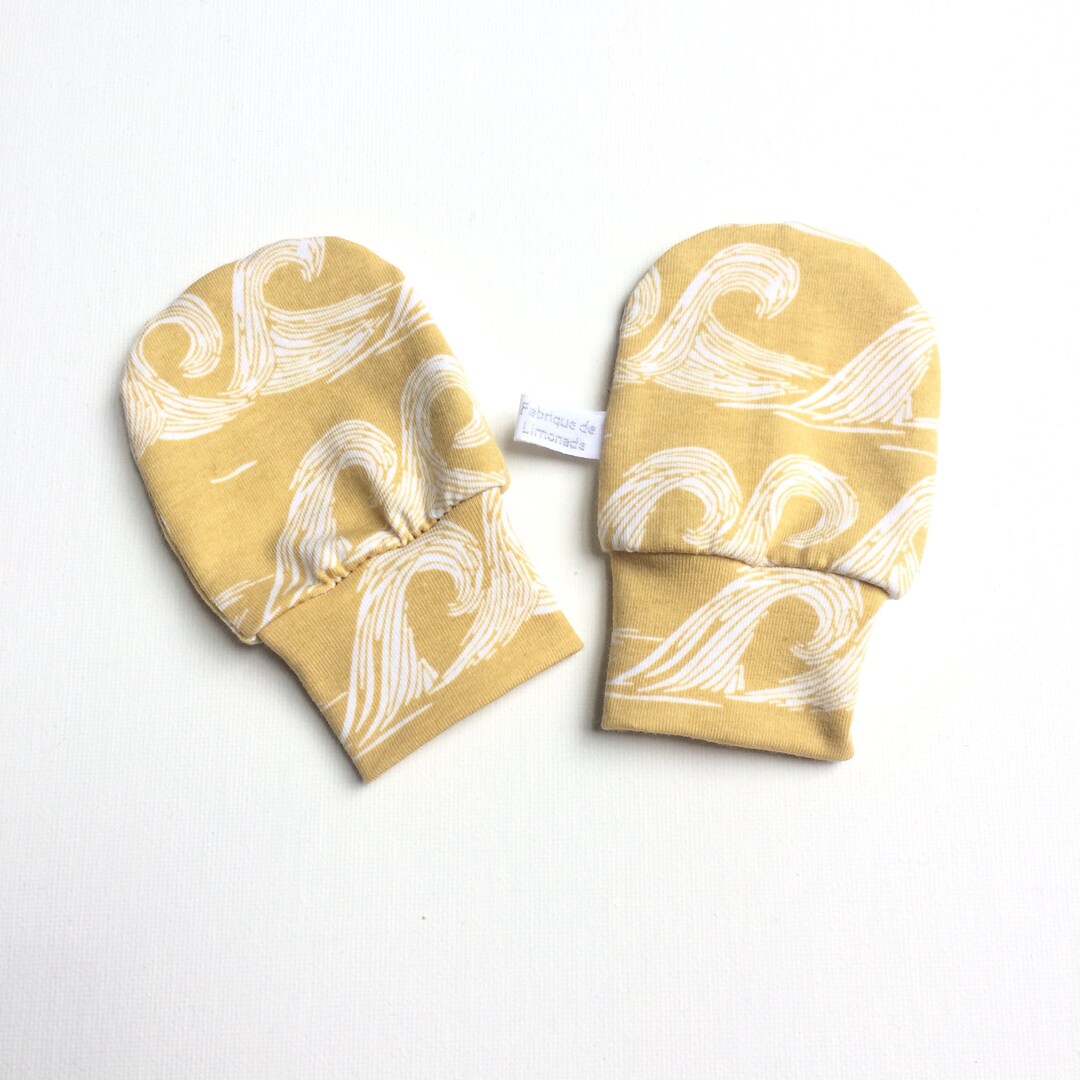 Yellow Baby Mittens With Waves, Baby Scratch Mitts. Jersey Cotton Knit ...