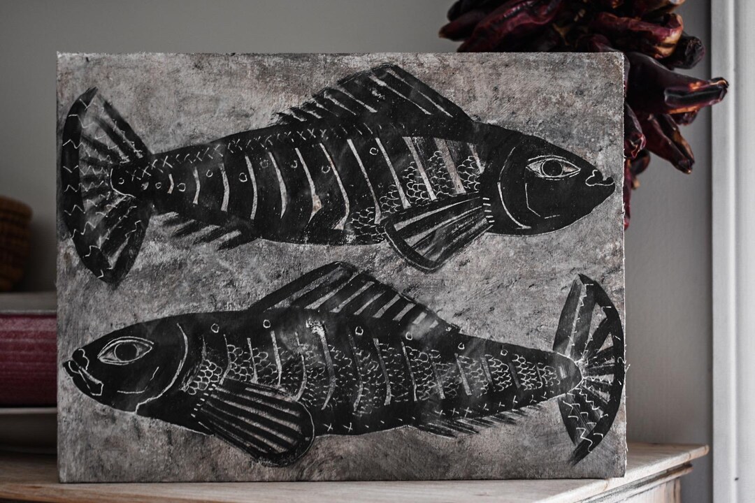 Original Fish Painting Old English Medieval Style Woodblock Acrylic ...