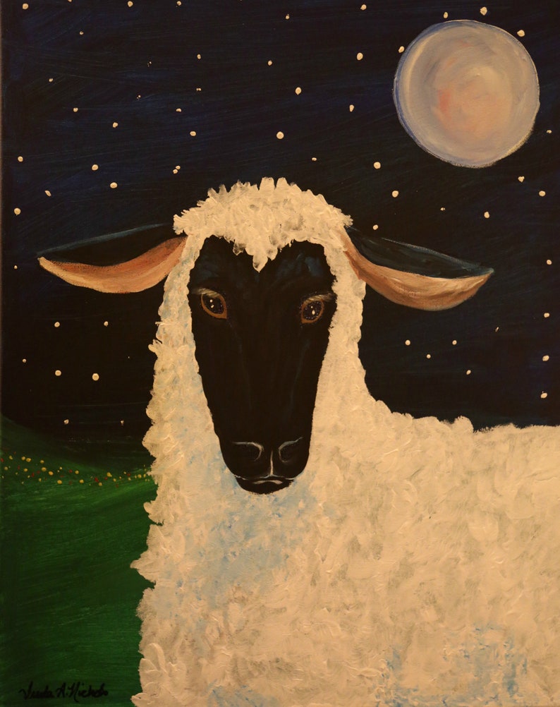 Sheep in the Meadow at Night With a Full Moon - Etsy