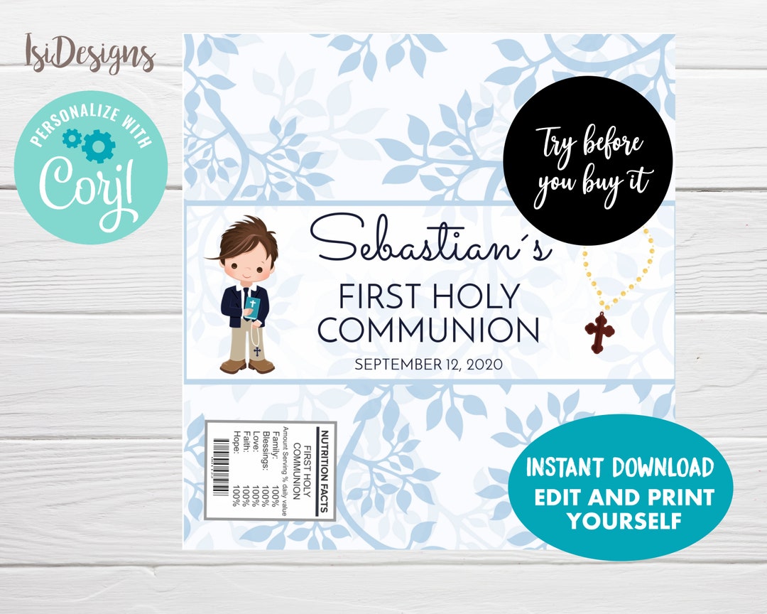 Holy Communion Candy Wrap, Instant Download, Blue Chocolate Bar Labels ...