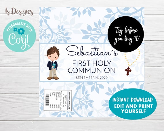 Holy Communion Candy Wrap, Instant Download, Blue Chocolate Bar Labels ...