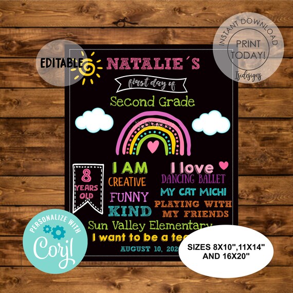 Rainbow first day of school editable sign, Girl Chalkboard Sign ...