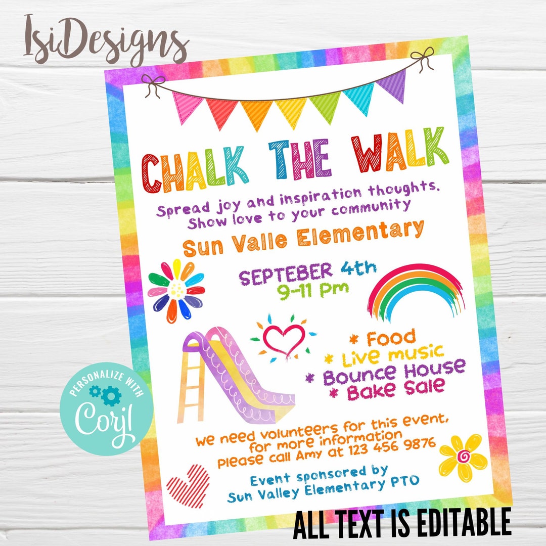 Chalk the Walk Flyer, Editable School Fundraiser Template, Sidewalk ...