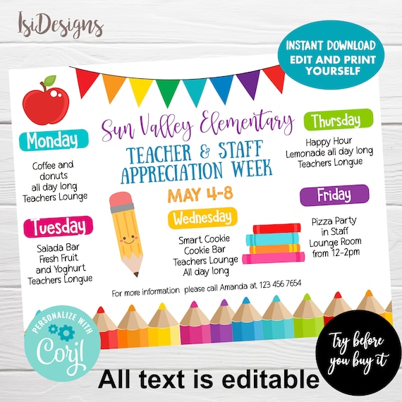 Editable Teacher & Staff Appreciation Week, Itinerary Schedule, School ...