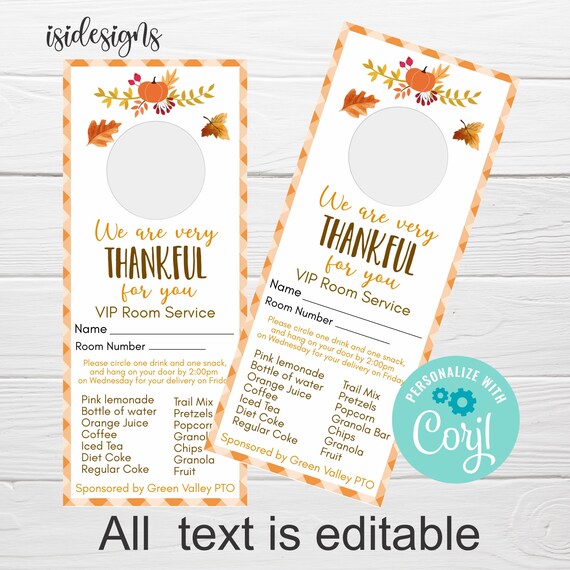 Teacher & Staff Appreciation Thanksgiving Room Service Door Hanger ...