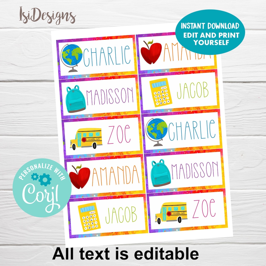 School Supplies Name Labels Instant Download Editable Name - Etsy