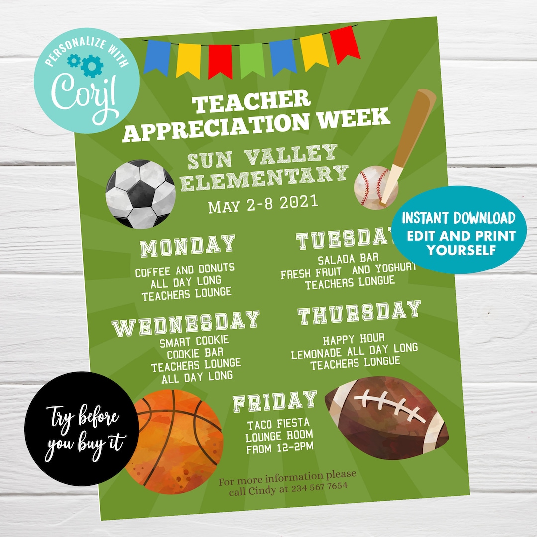 EDITABLE Teacher Appreciation Week Flyer, Instant Download, Itinerary ...