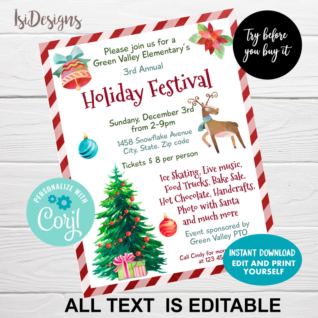 Holiday Festival Editable Flyer, School Church PTO PTA Flyer, Winter ...