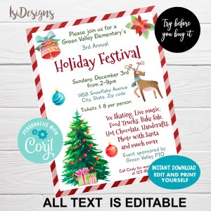 Holiday Festival Editable Flyer, School Church PTO PTA Flyer, Winter ...