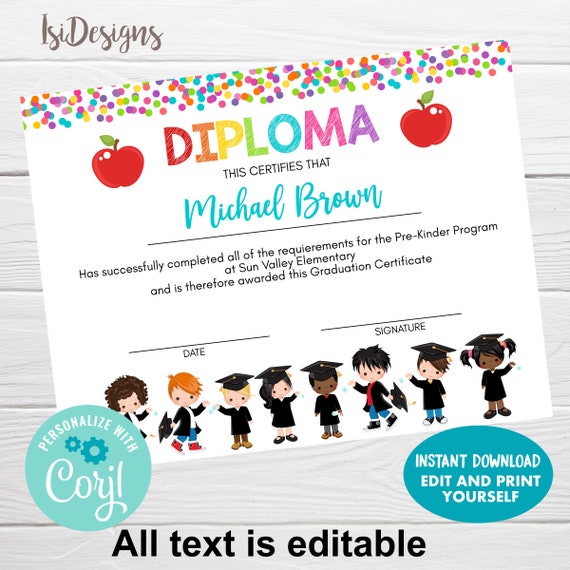 Preschool Editable Certificate, Kindergarten Graduation Diploma ...