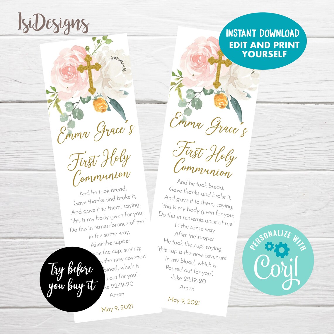 Pink First Holy Communion Bookmark Favors, Editable Favors ...