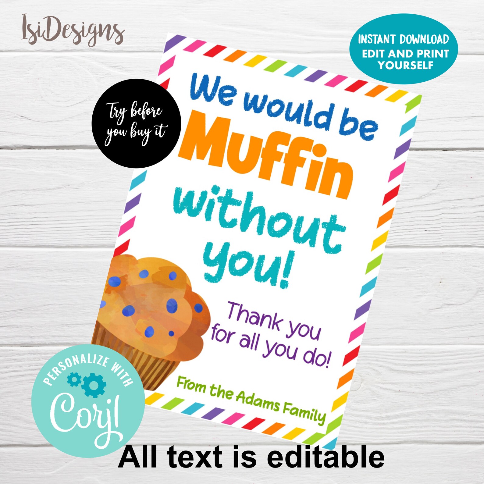 Muffin Appreciation Tag Editable Thank You Tags PTO/PTA - Etsy